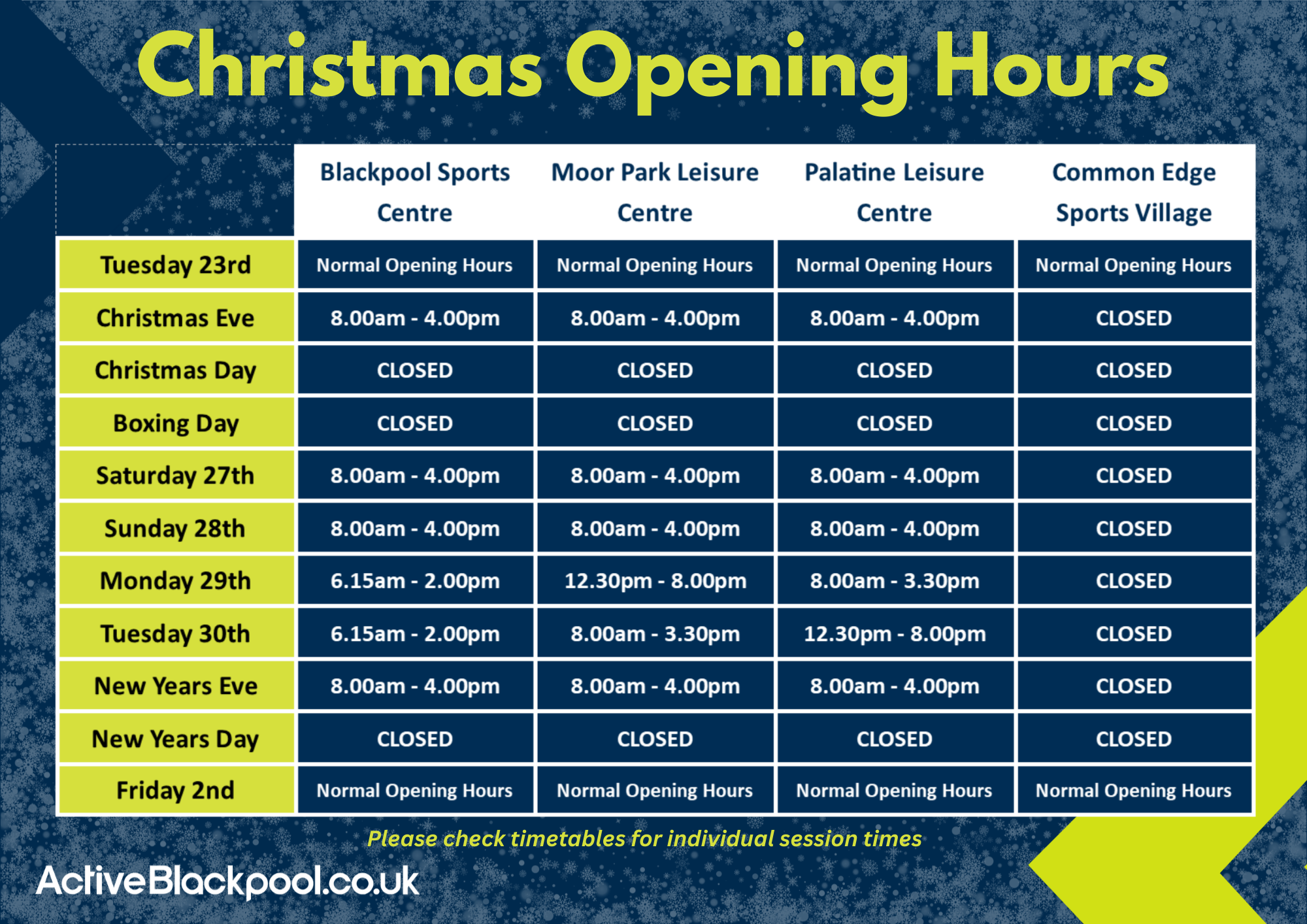 Christmas Opening Hours | Active Blackpool